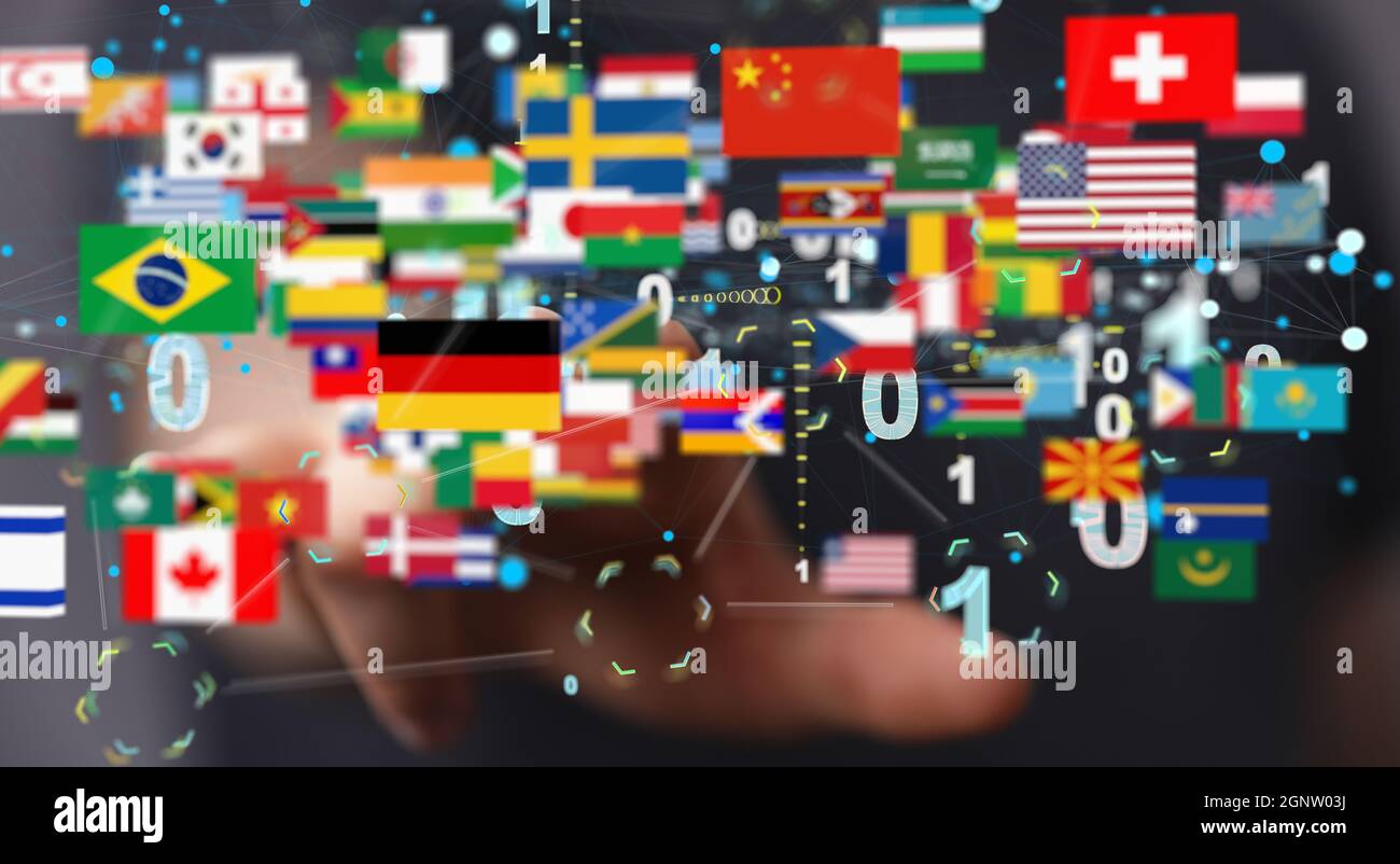 3d rendering of World map with all states and their flags with blurred ...