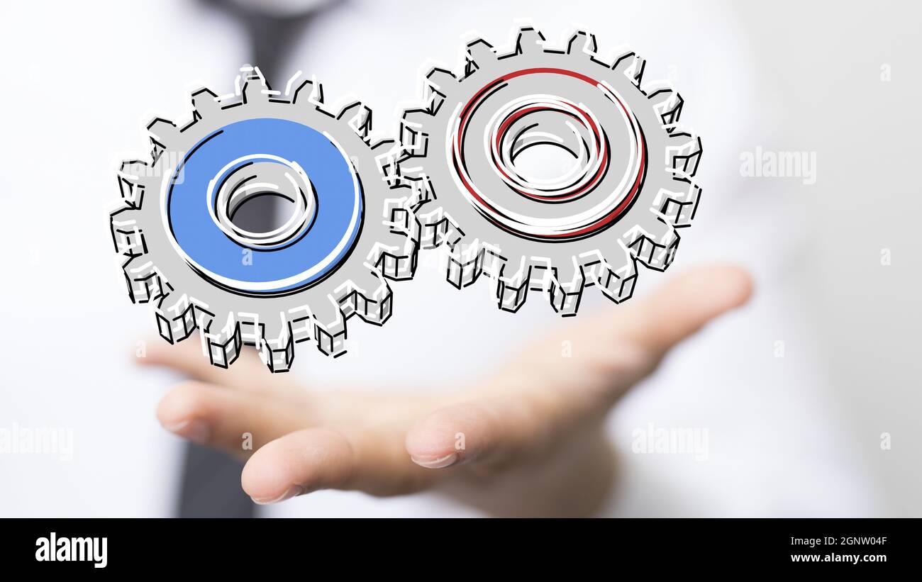 3d rendering of gear connection technology concept in hand with a white ...