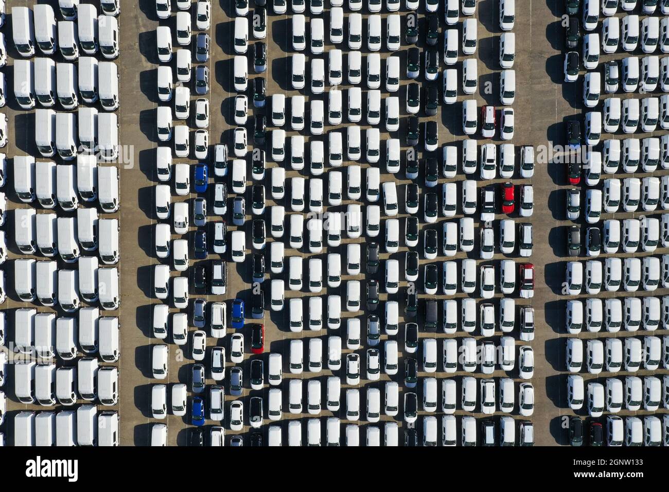 Aerial view from drone to automobile customs terminal. Large number of ...