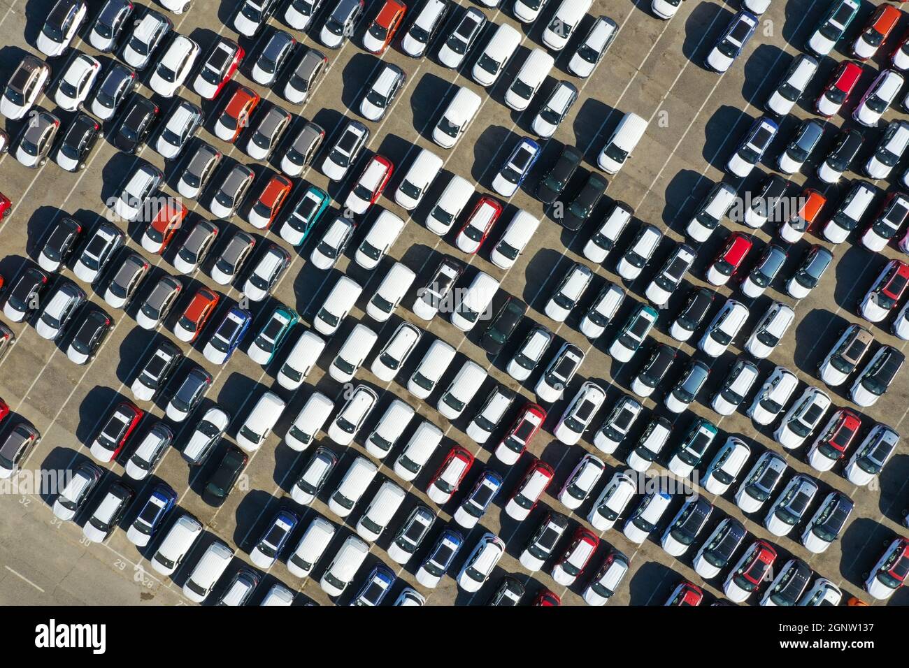 Aerial view from drone to automobile customs terminal. Large number of ...