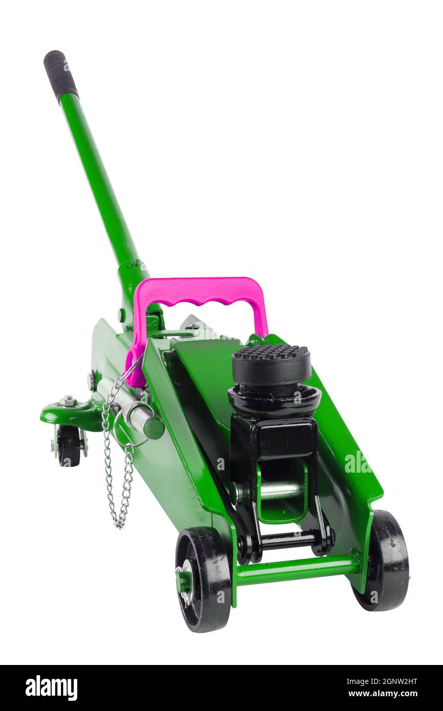 green hydraulic car jack isolated on white background, lowered Stock ...