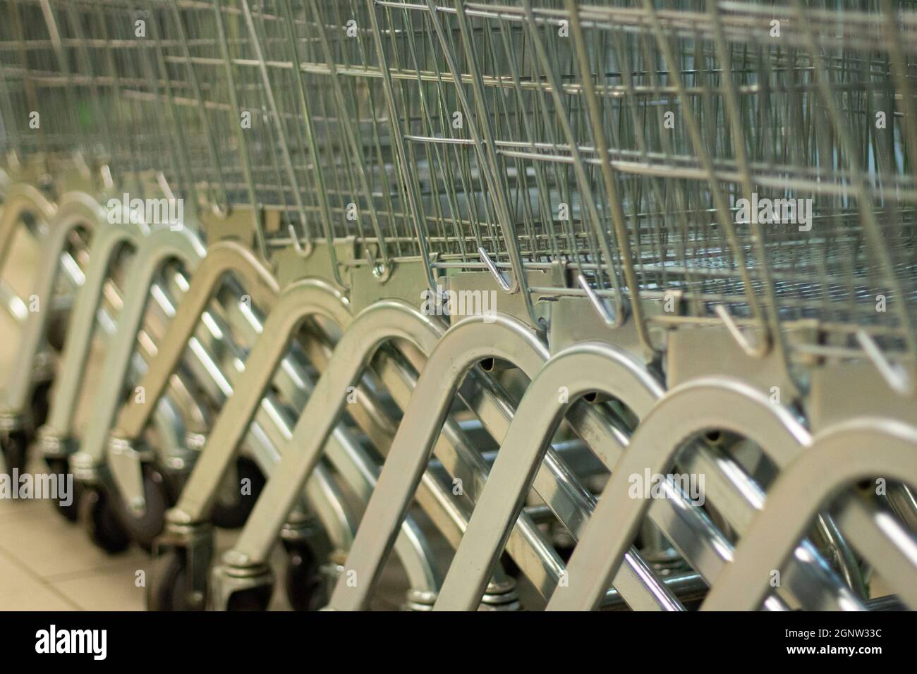 Food baskets are in a row. Carts on wheels. Details of the trading ...