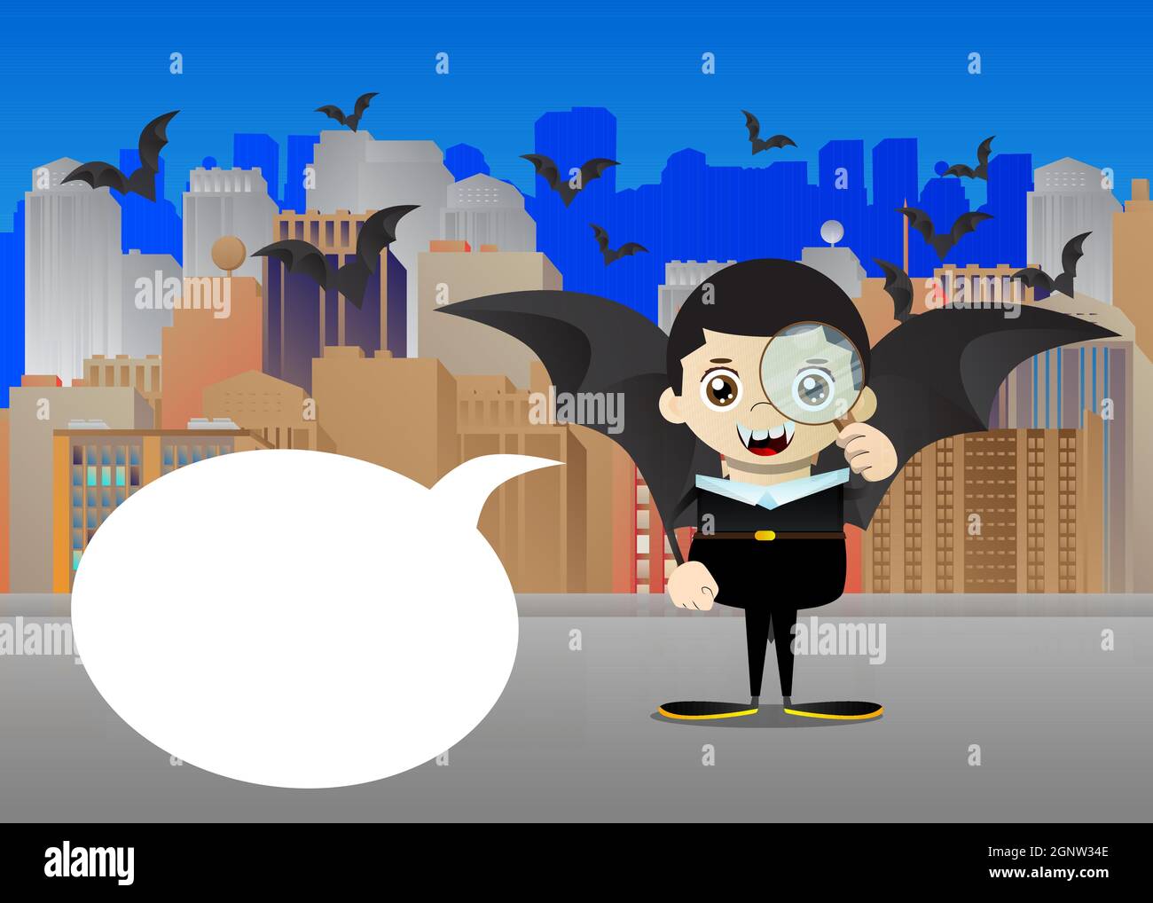 Kids dressed for Halloween holding a magnifying glass. Vector cartoon ...
