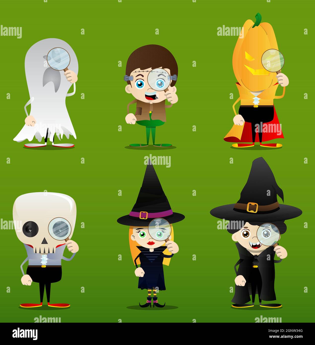 Kids dressed for Halloween holding a magnifying glass. Vector cartoon ...