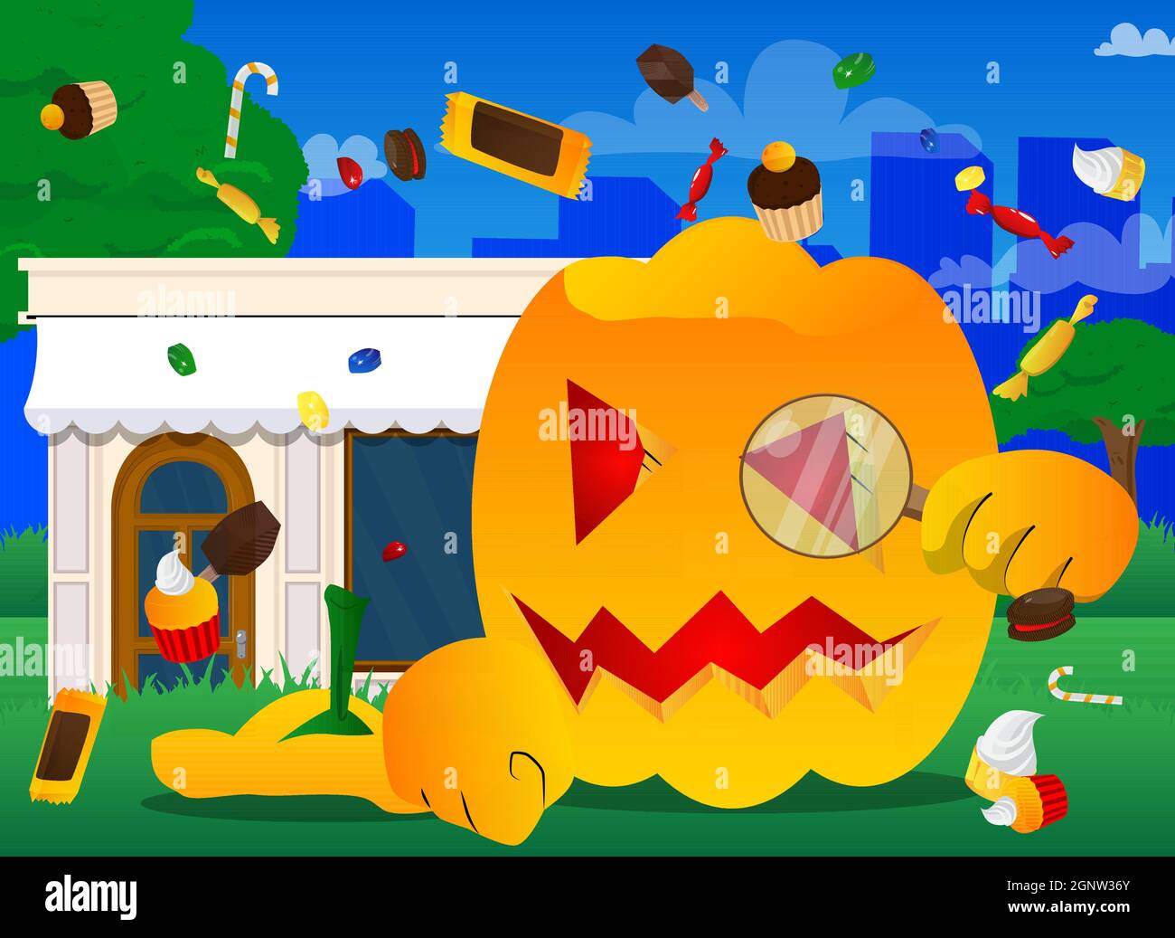 Decorative pumpkin for Halloween holding a magnifying glass as a ...