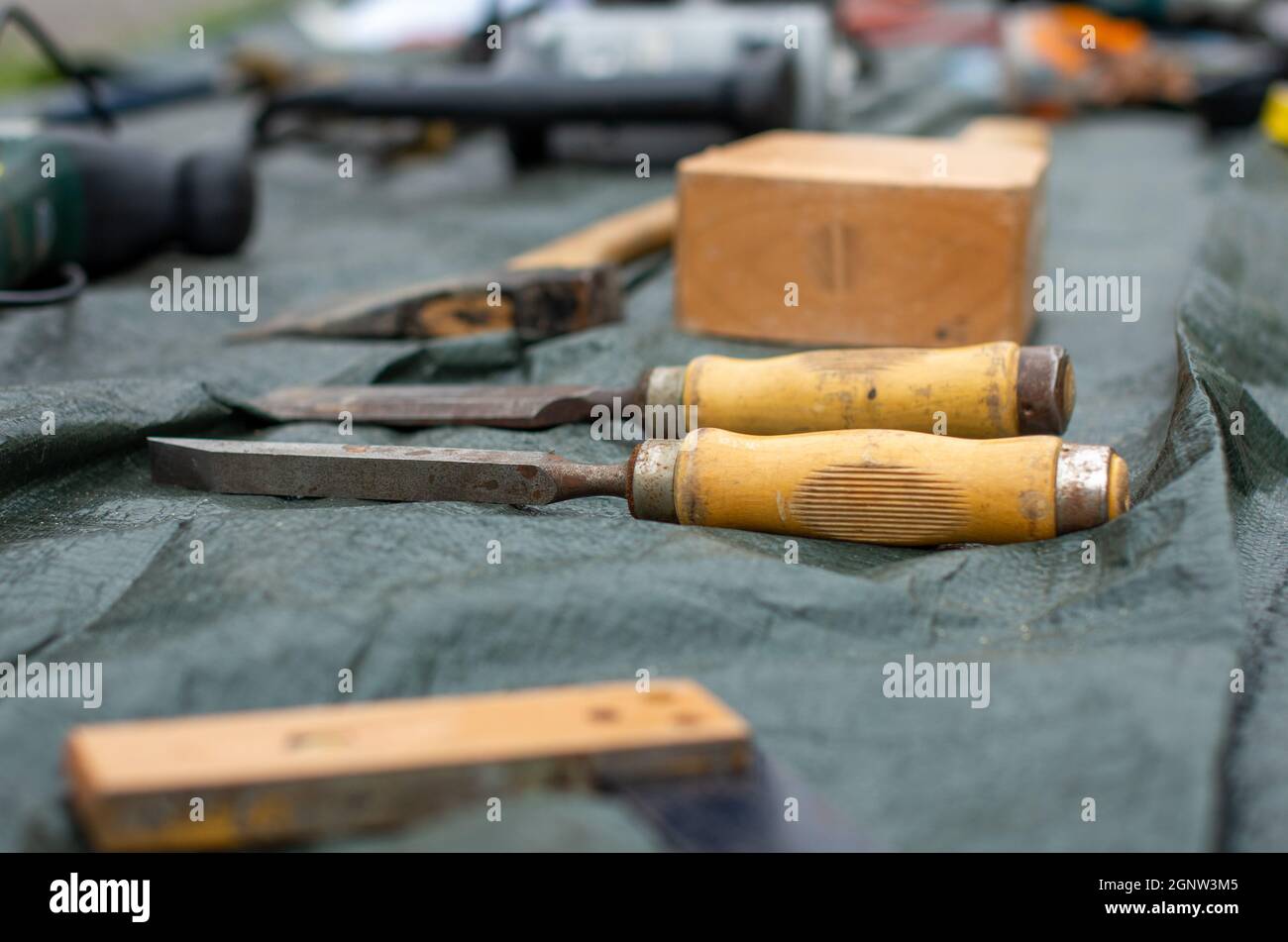 Selective focus shot of carpentry hand tools on the table Stock Photo ...