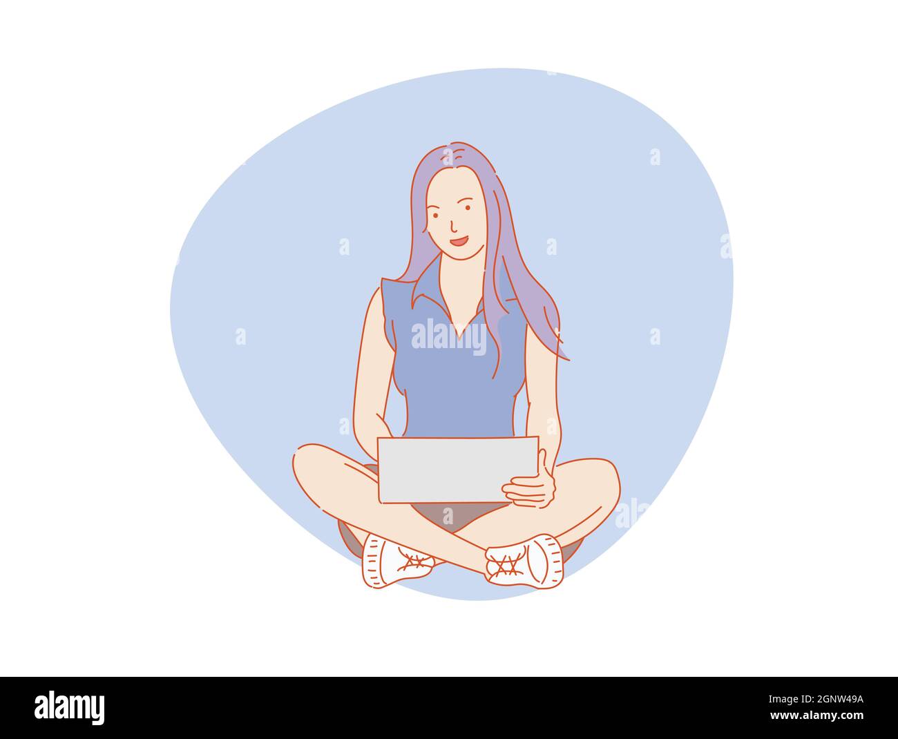 beautiful woman or cute girl sitting in front computer laptop ...