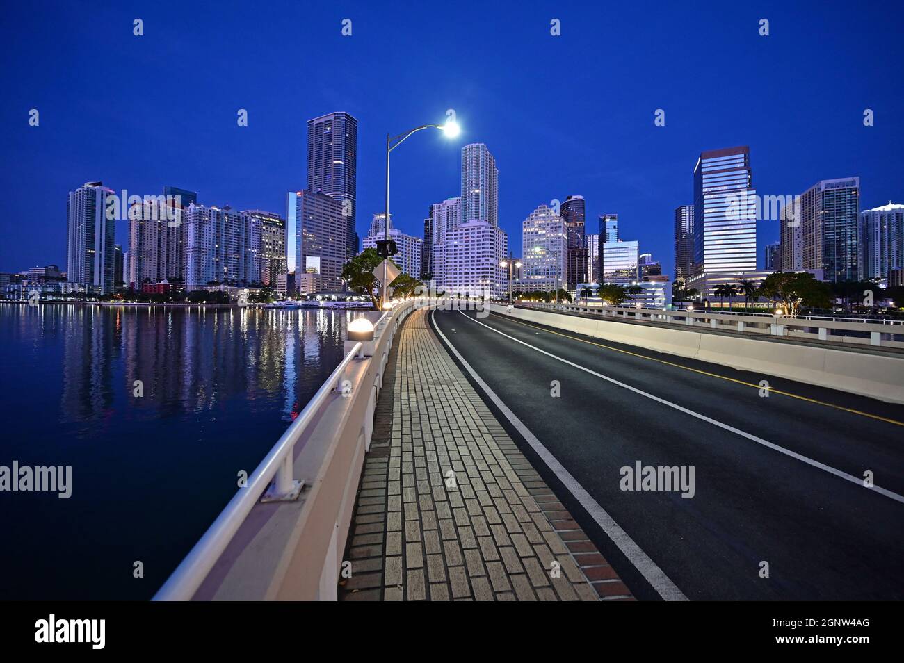 Brickell Key Bridge and City of Miami skyline in pre dawn twilight on ...