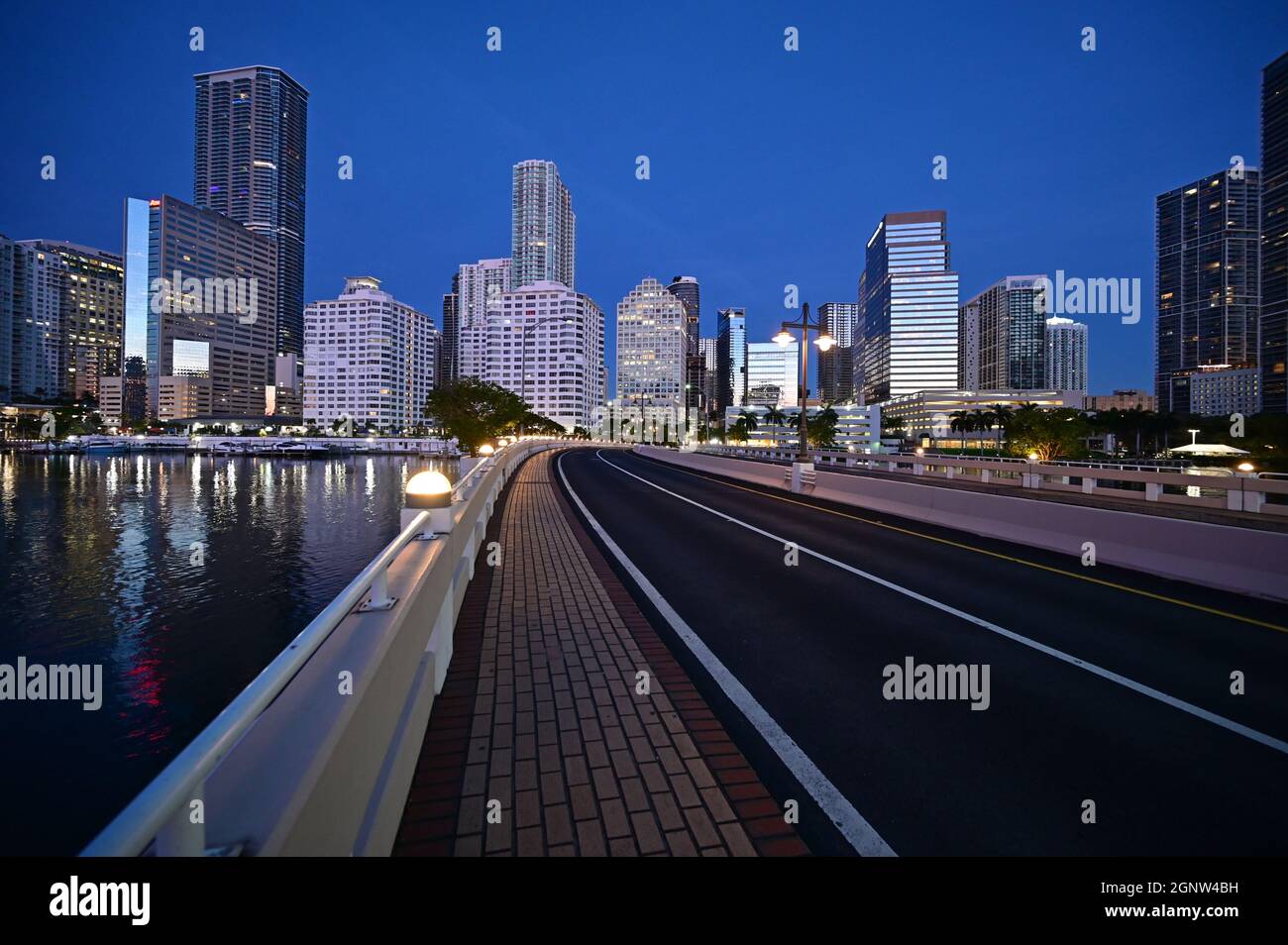 Brickell Key Bridge and City of Miami skyline in pre dawn twilight on ...