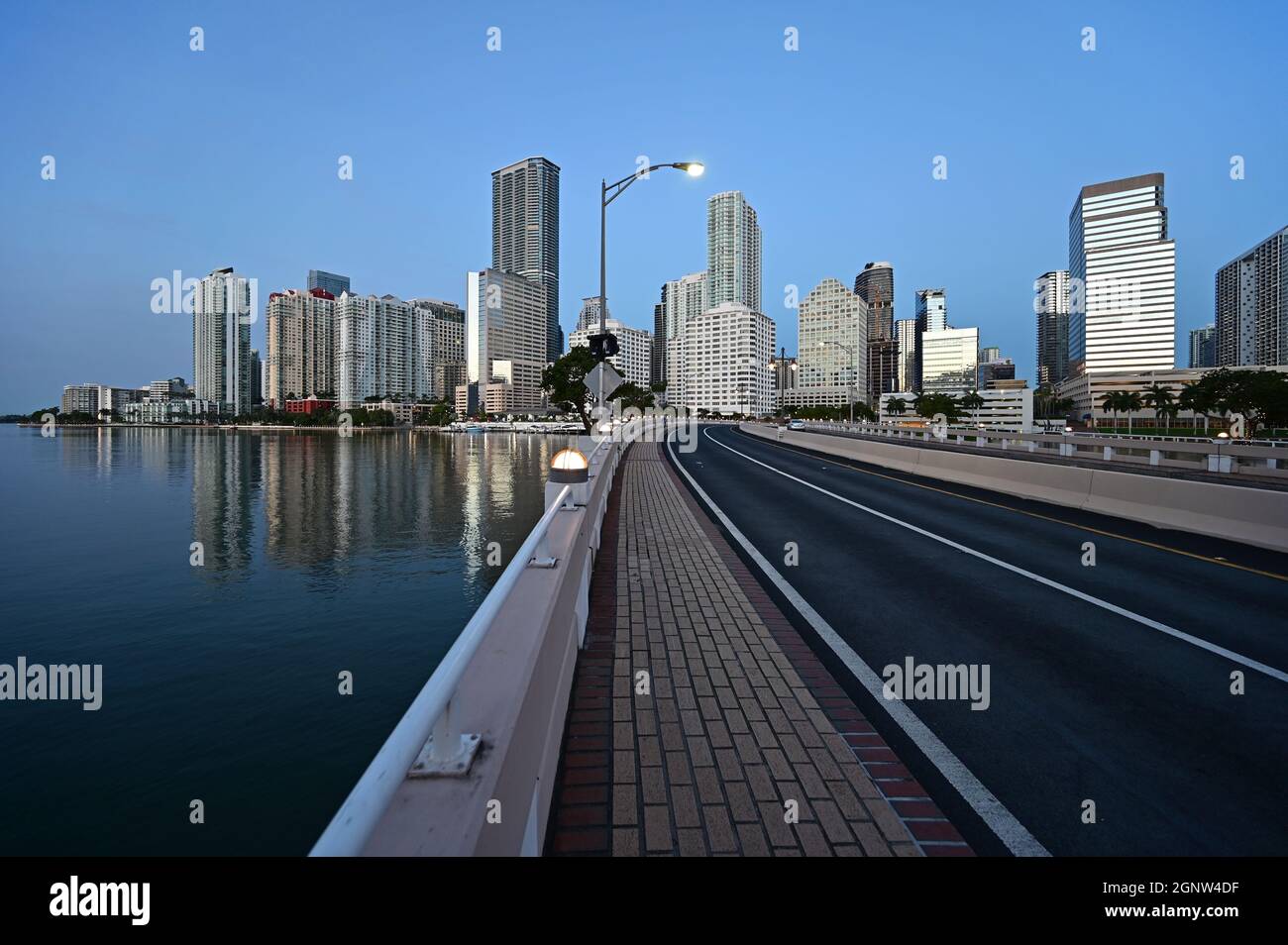 Brickell Key Bridge and City of Miami skyline in pre dawn twilight on ...