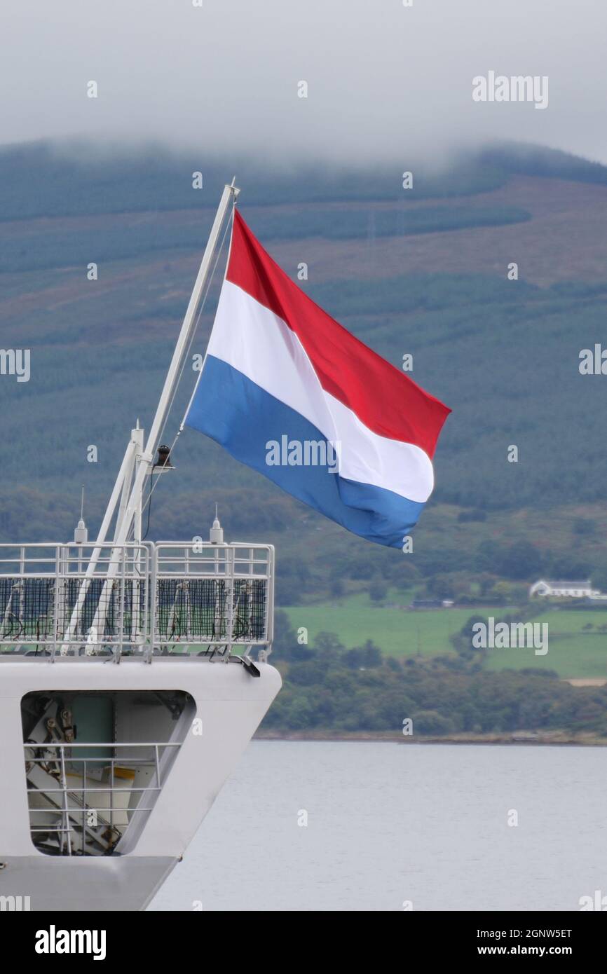 The ensign of the Royal Netherlands Navy, being flown from HNLMS Van ...