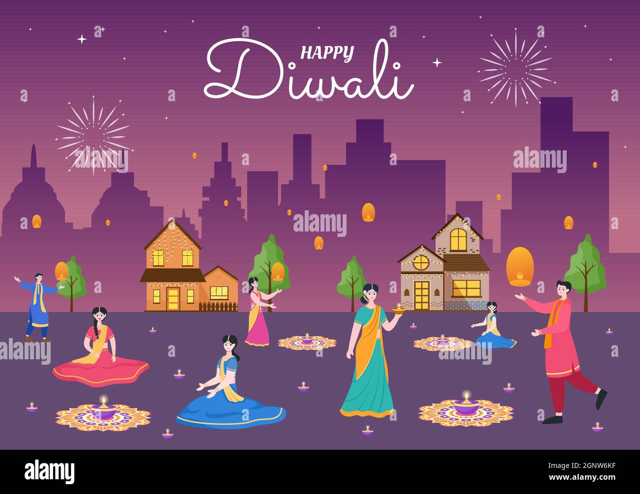 Indian People Celebrating Diwali Day Holding Lanterns, lighting ...