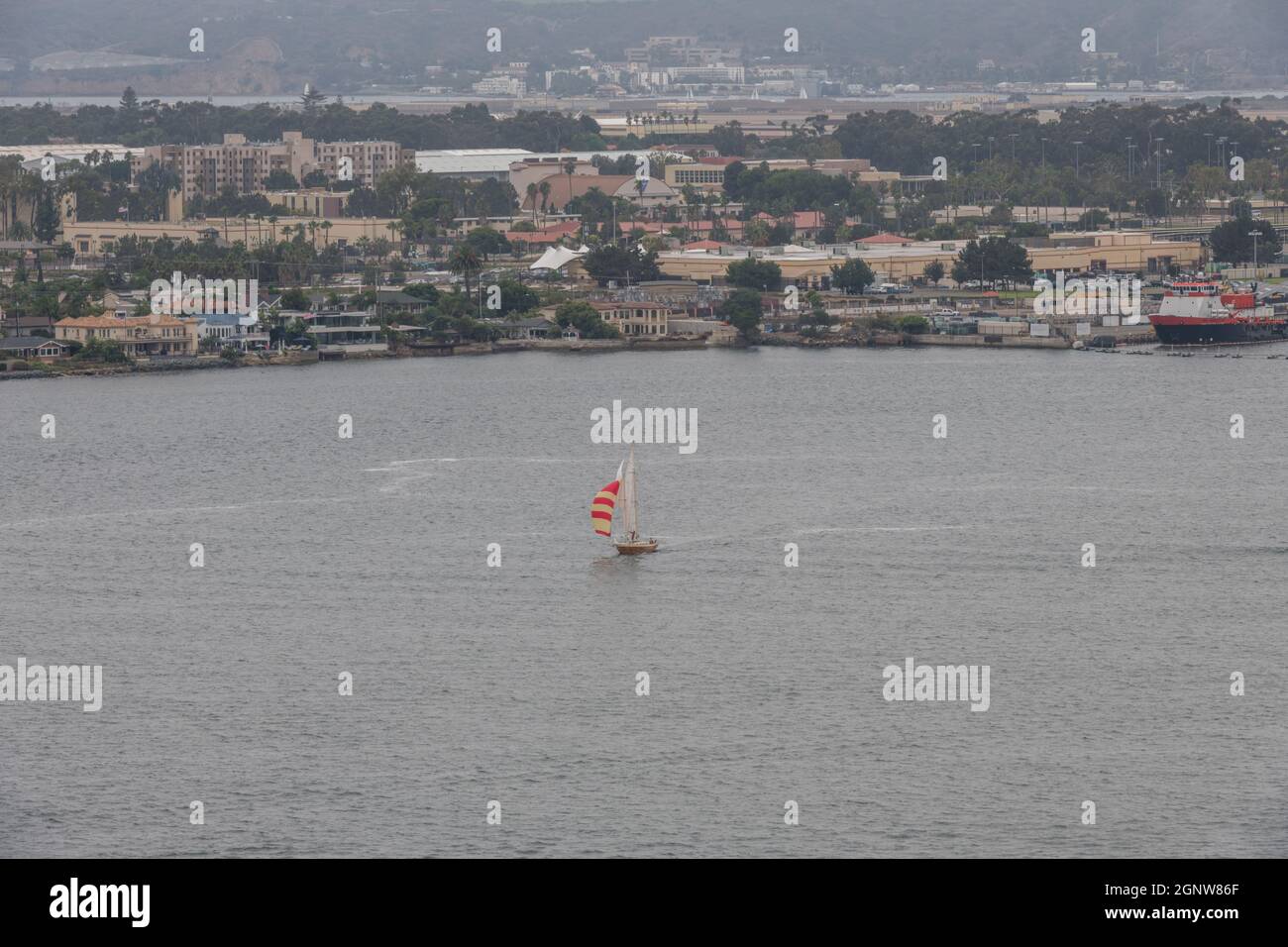 Scenic aerial panoramic San Diego Bay vista under a heavily overcast ...