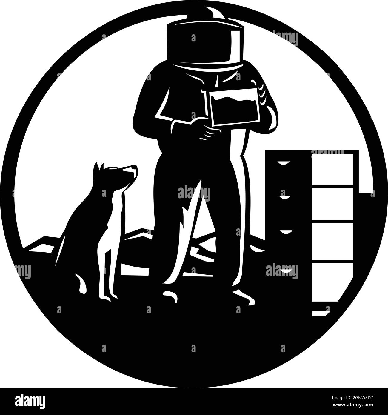 Mascot illustration of beekeeper wearing bee suit with border collie ...