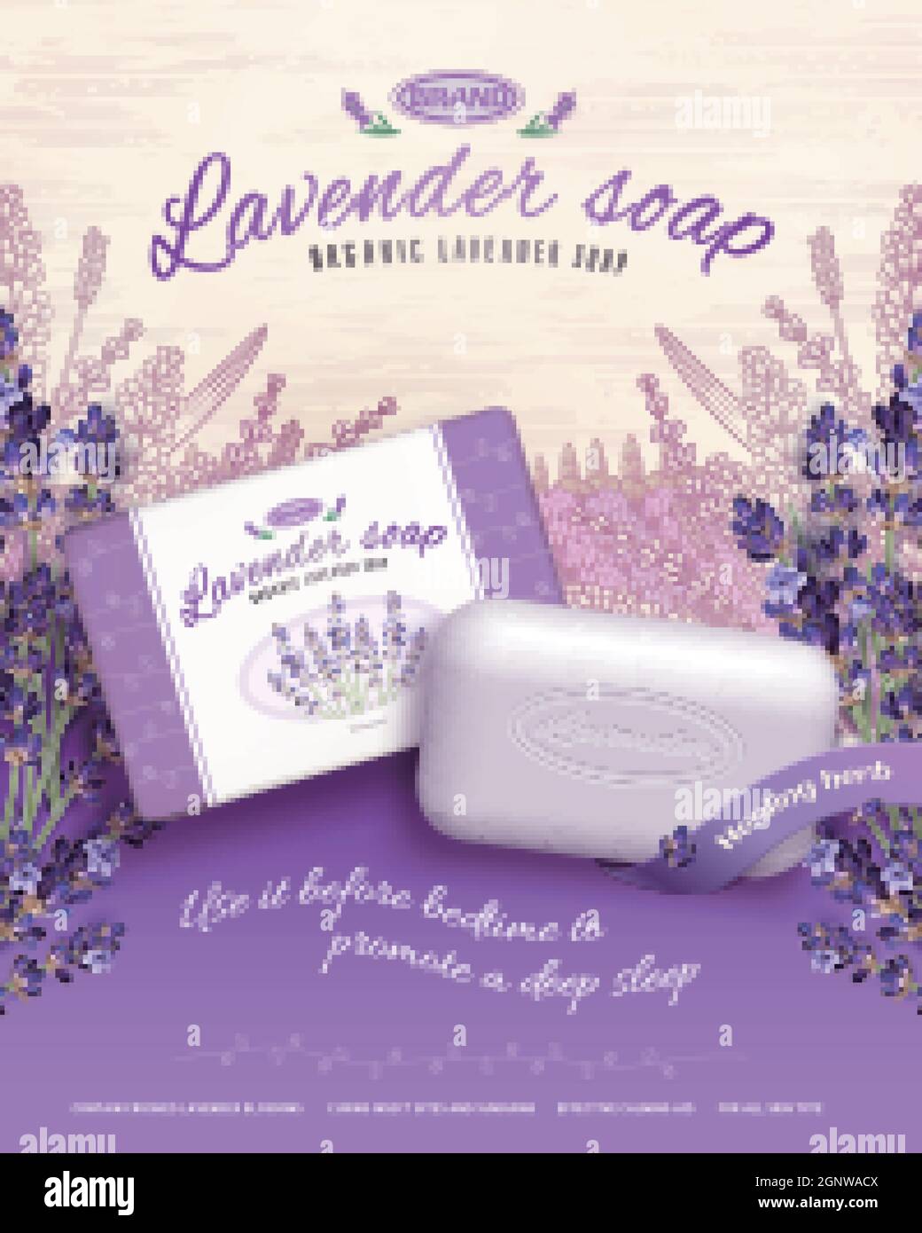 3d illustration lavender soap ads with retro engraved flowers garden ...