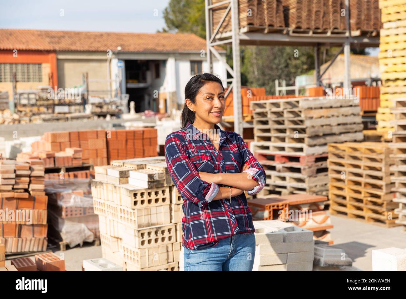 Portrait of woman seller of building materials at an open-air site ...