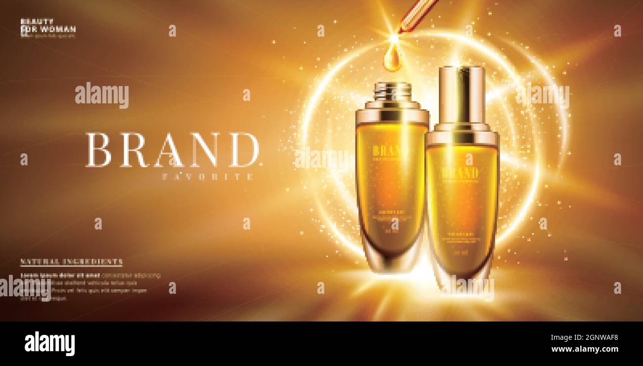 Droplet bottle ads with glowing golden light effect in 3d illustration ...