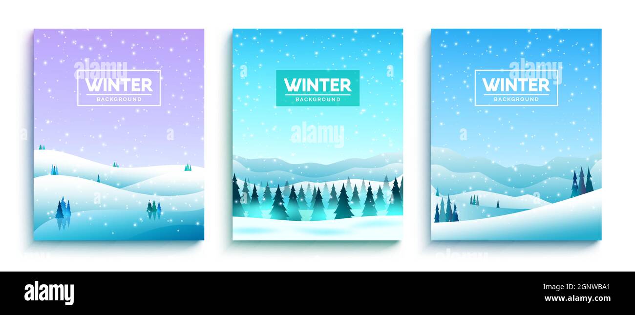 Winter background vector set. Winter text in snowy forest landscape ...