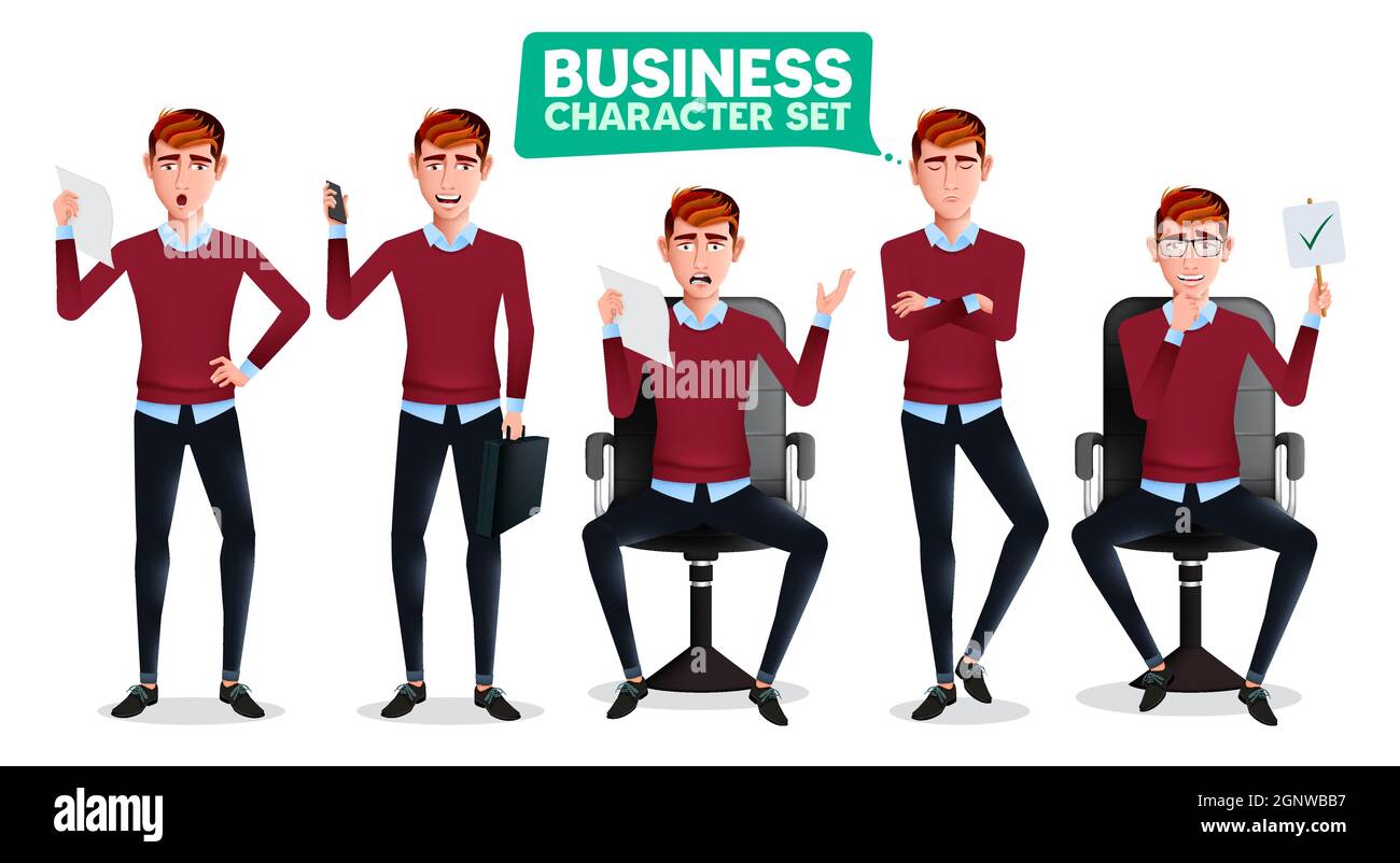 Business man characters vector set. Businessman character sitting and ...