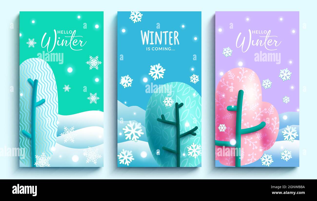 Winter vector poster set. Hello winter text in colorful background with ...