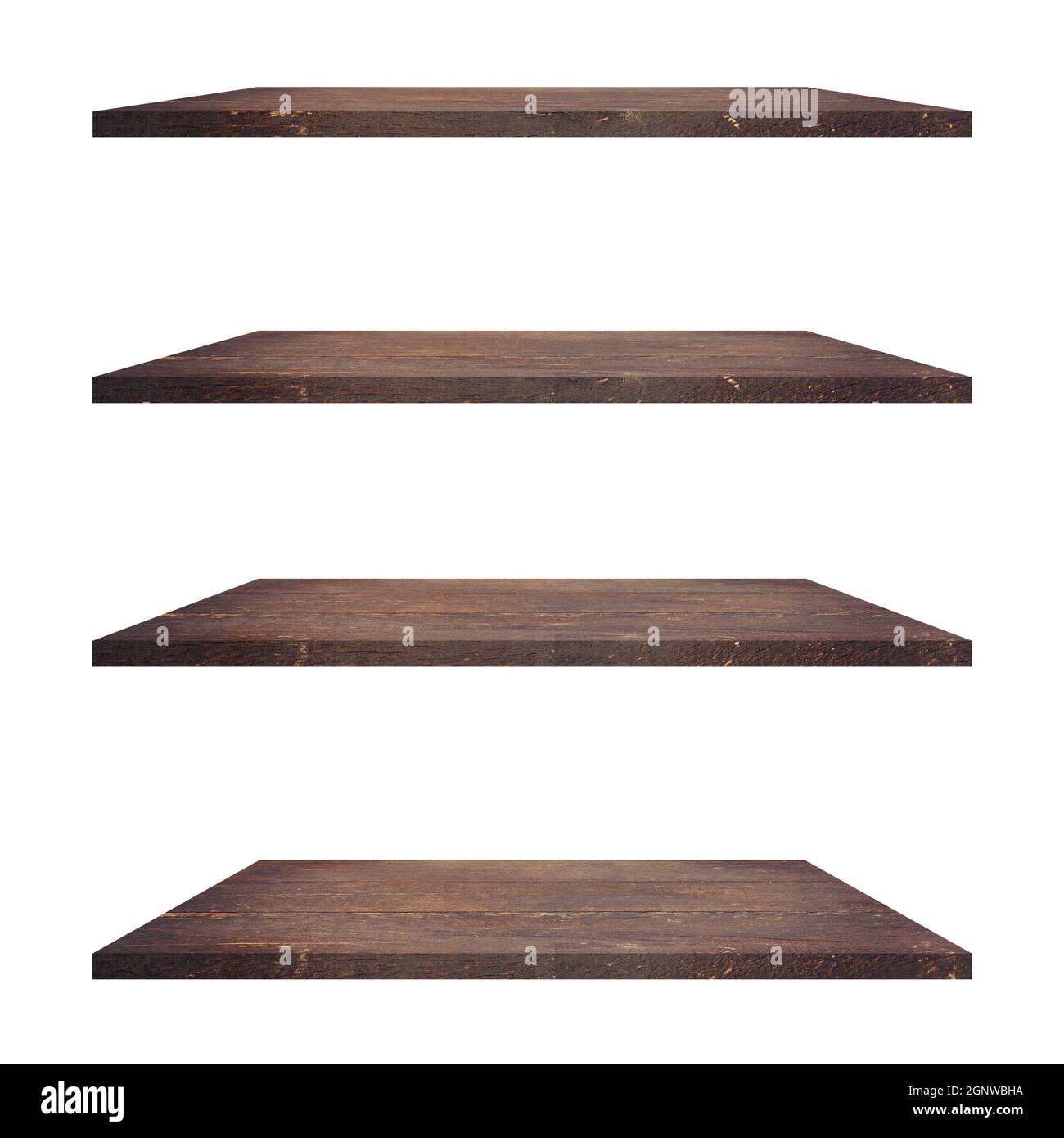 4 Wood shelves table isolated on white background and display montage ...
