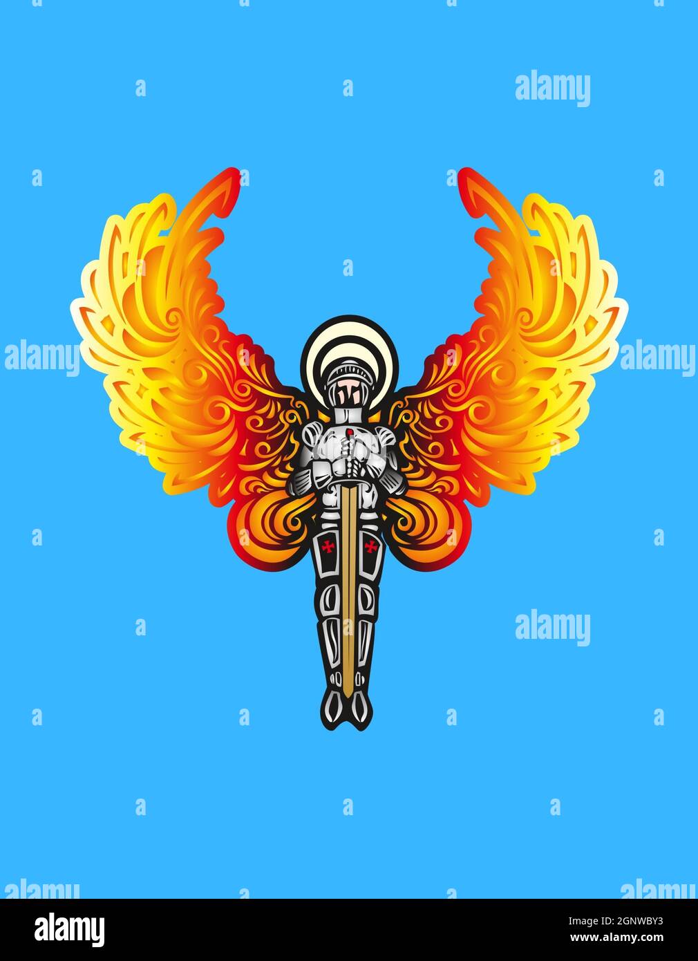 Warrior or solider holding weapon, sword, shield in attack mode on blue ...