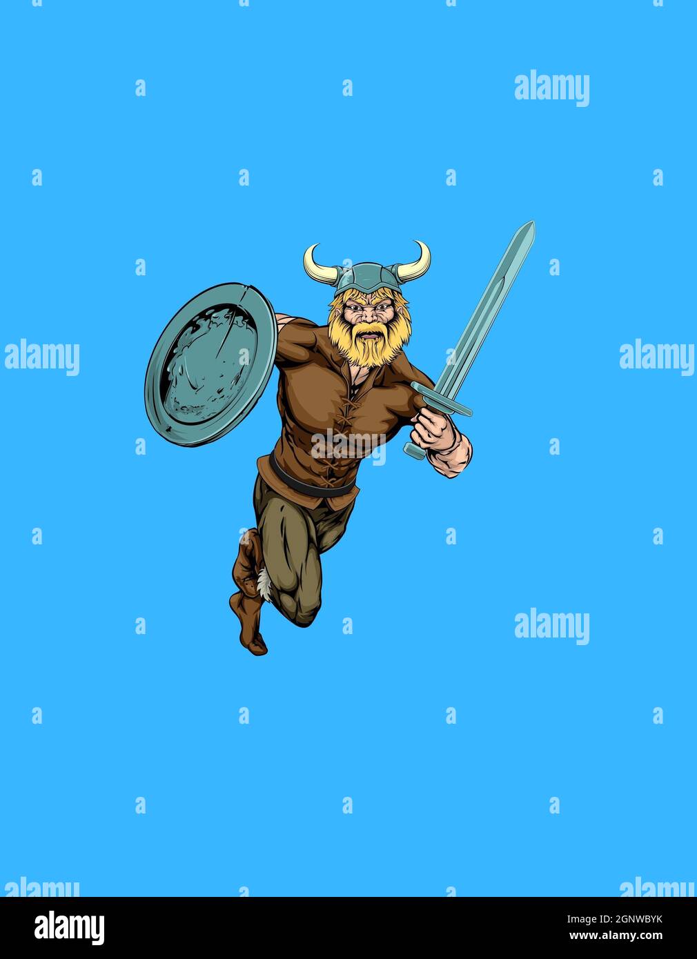 Warrior or solider holding weapon, sword, shield in attack mode on blue ...
