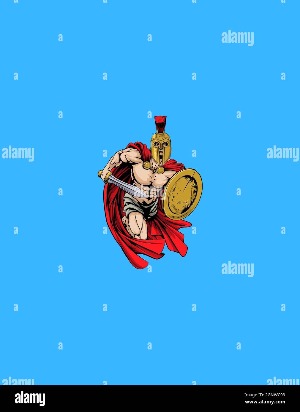 Warrior or solider holding weapon, sword, shield in attack mode on blue ...