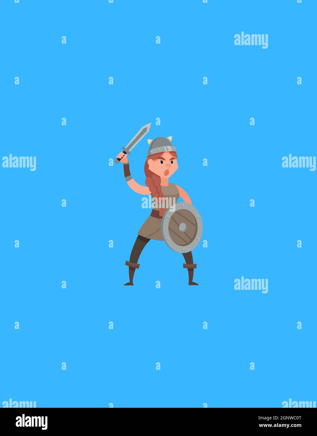Warrior or solider holding weapon, sword, shield in attack mode on blue ...
