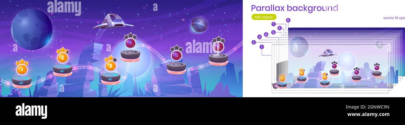 Mobile arcade with spaceship parallax background, interstellar shuttle ...