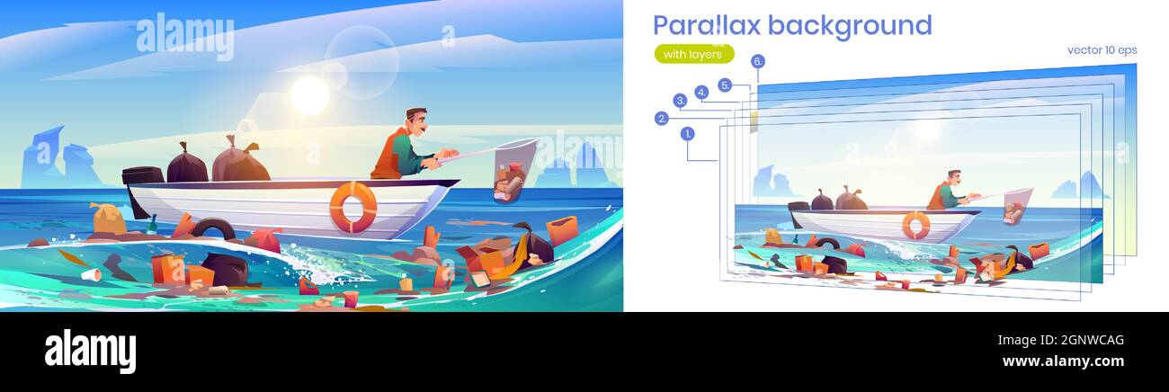 Parallax background ocean polluted water cleanup, man on wooden boat ...