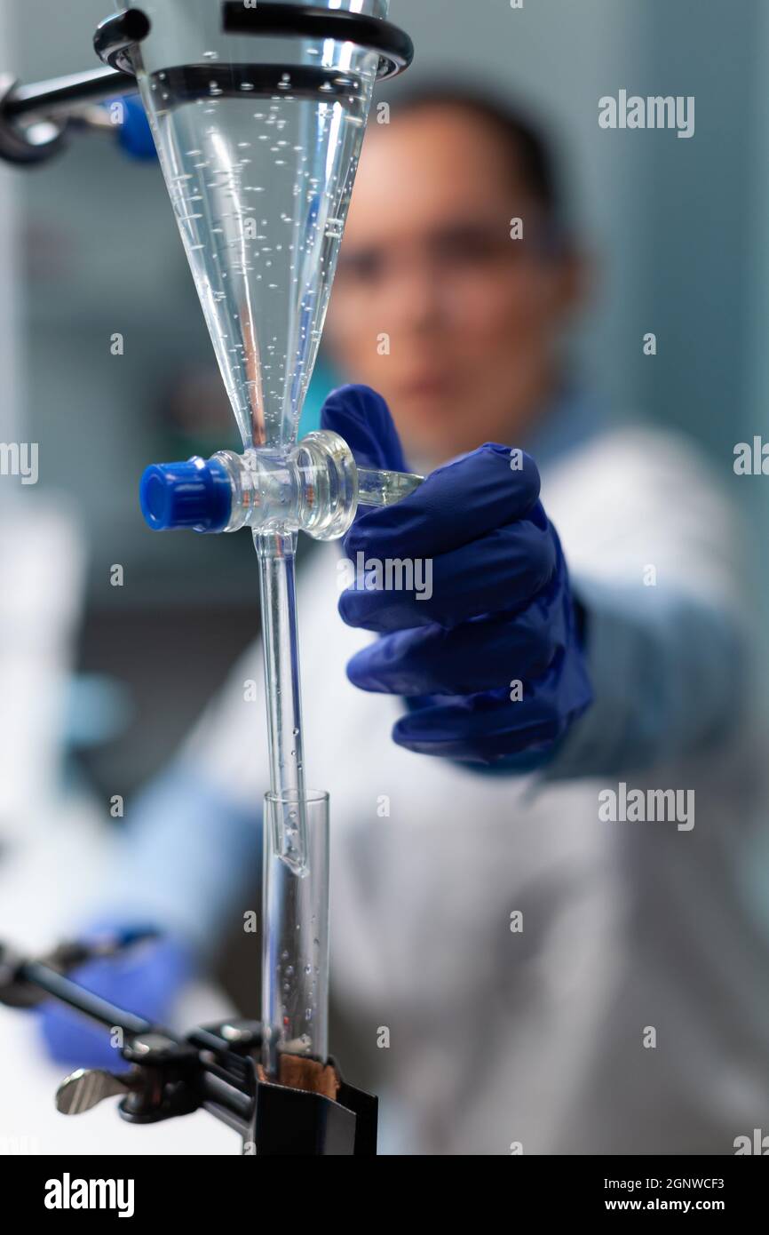 Selective focus on laboratory transparent glasses equipment standing on ...