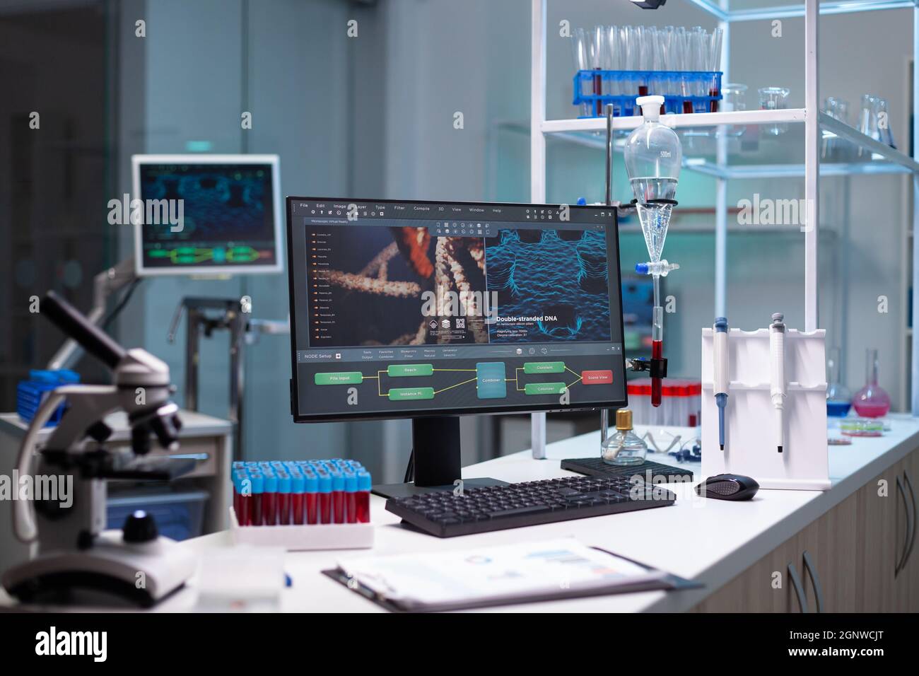Empty laboratory with scientific monitor on desk. Nobody in chemical ...