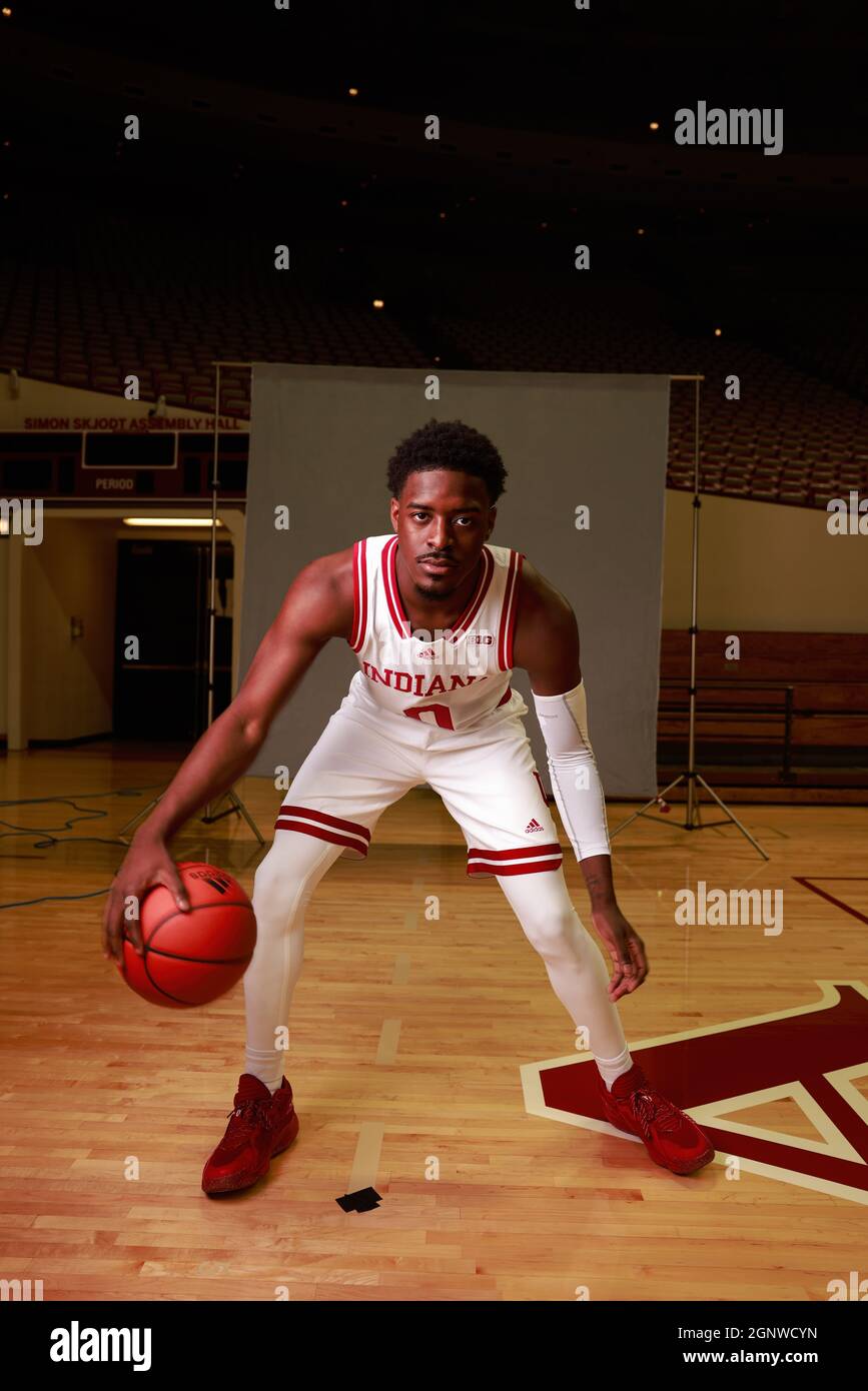 Indiana University basketball player Xavier Johnson (0) poses for a ...