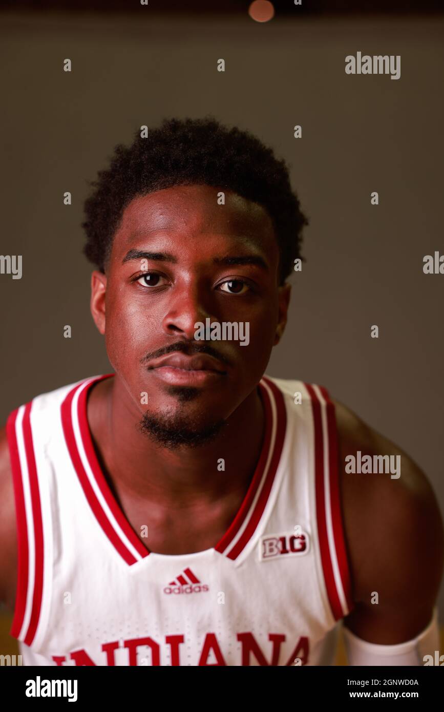 Indiana University basketball player Xavier Johnson (0) poses for a ...