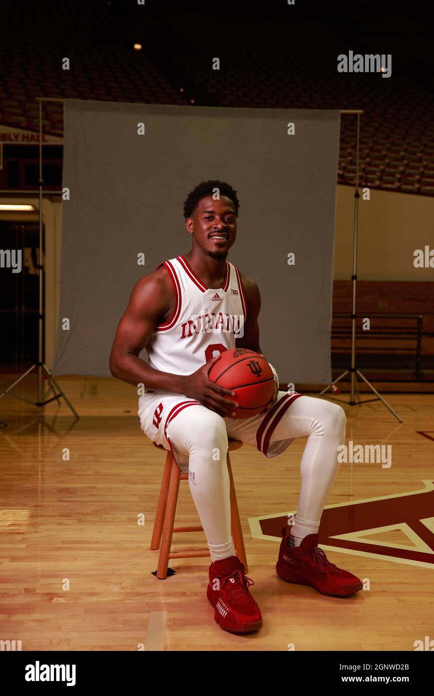 Indiana University basketball player Xavier Johnson (0) poses for a ...