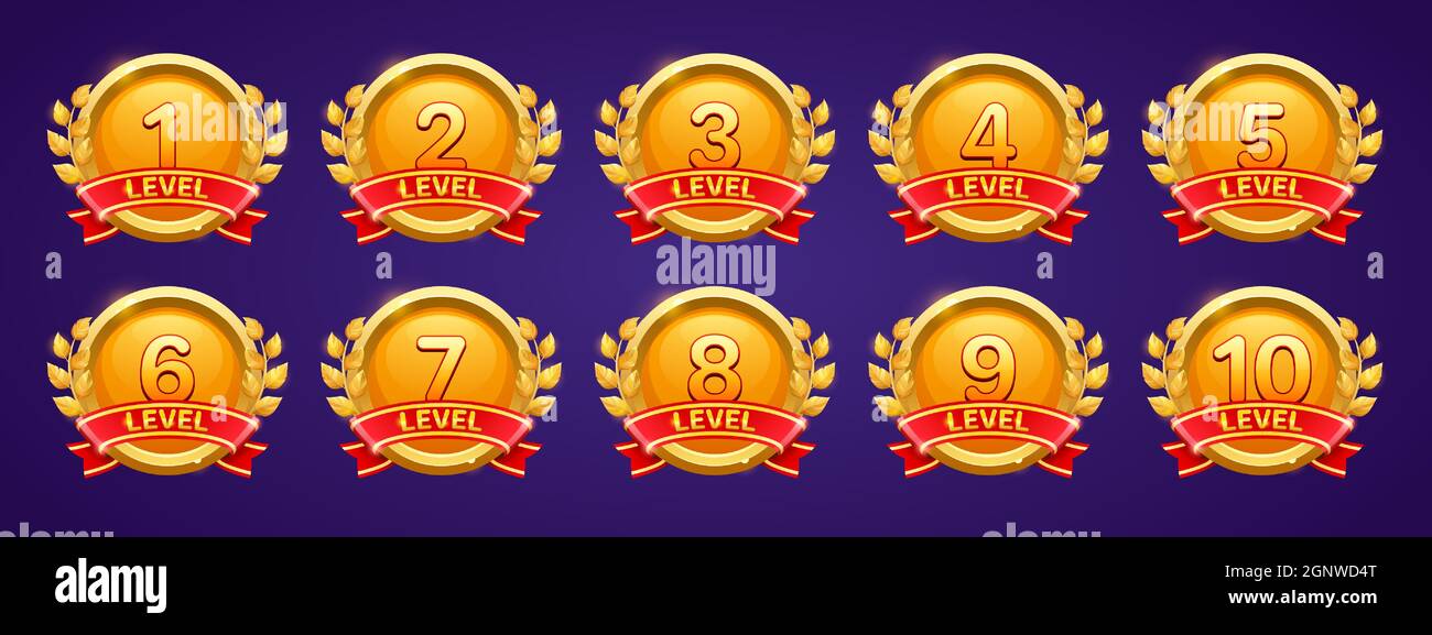 Gold badges with level number for game ui design. Vector cartoon icons ...