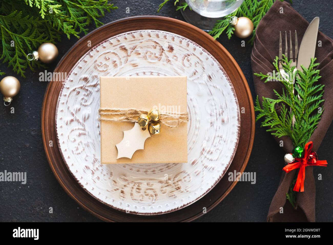 Christmas Table Setting With Gift Box. Winter Festive background Stock ...