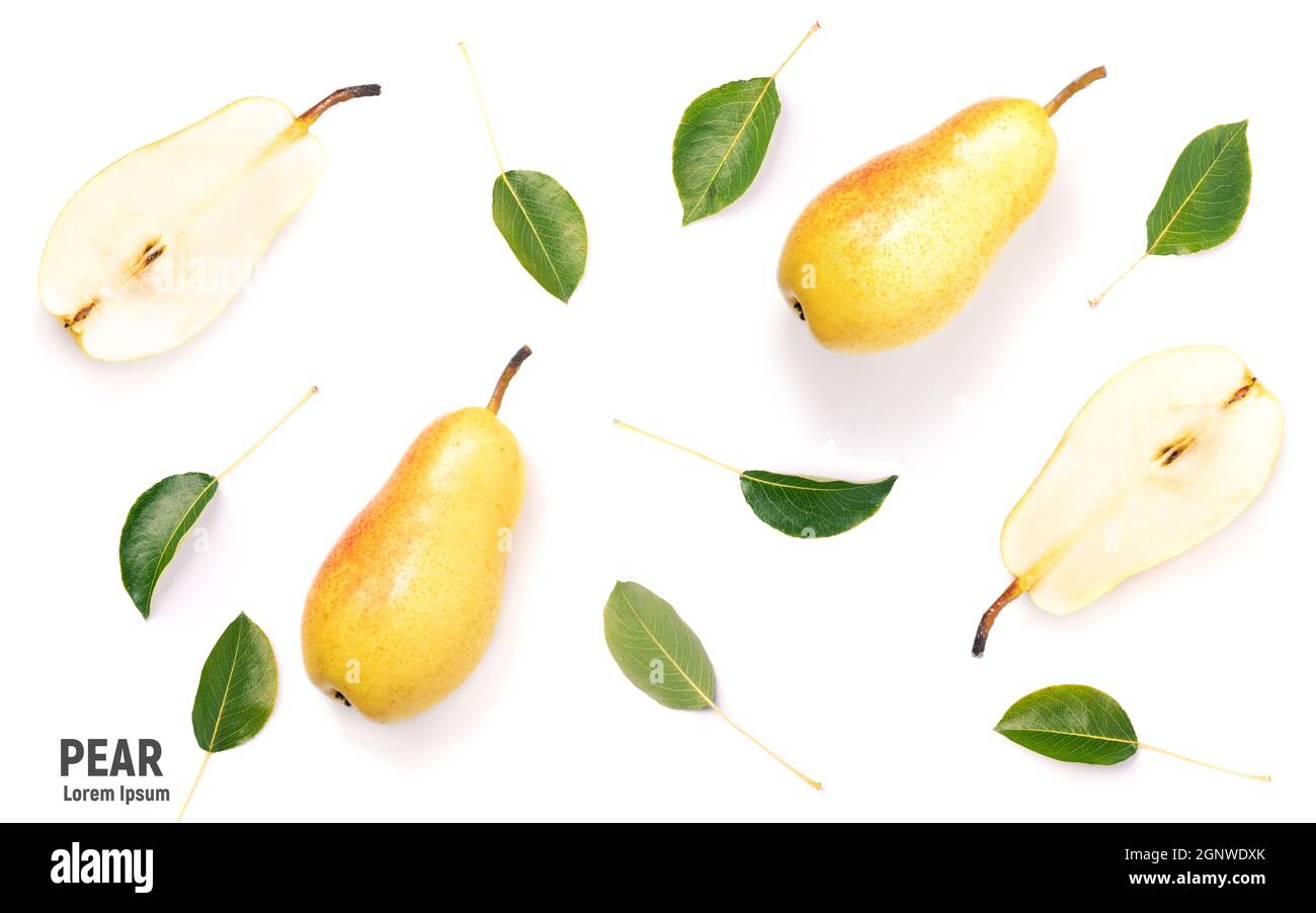 Pear fruit with green leaves, isolated on white background. Collection ...