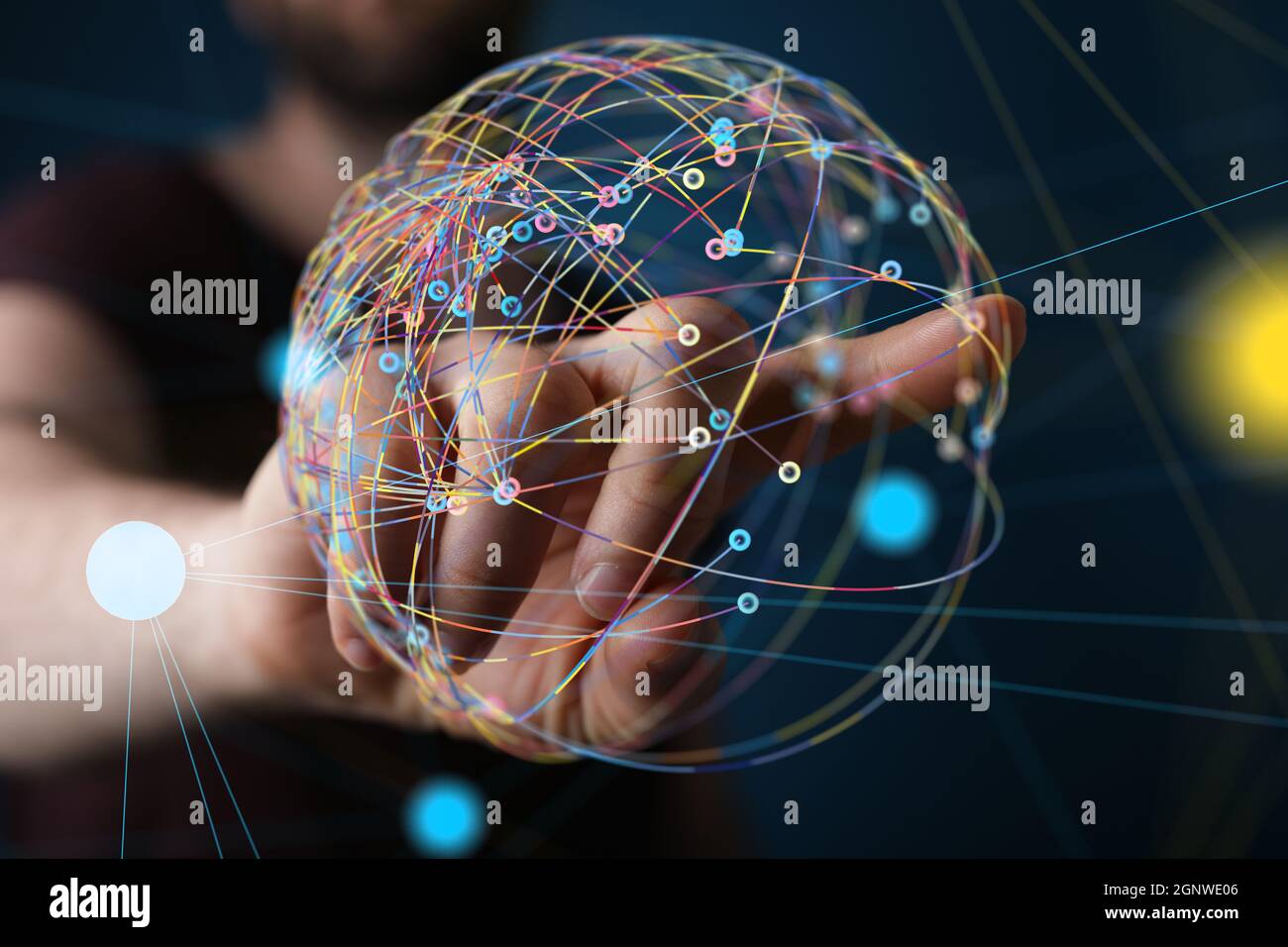 3d rendering of a team connection and network symbol in a male hand on ...
