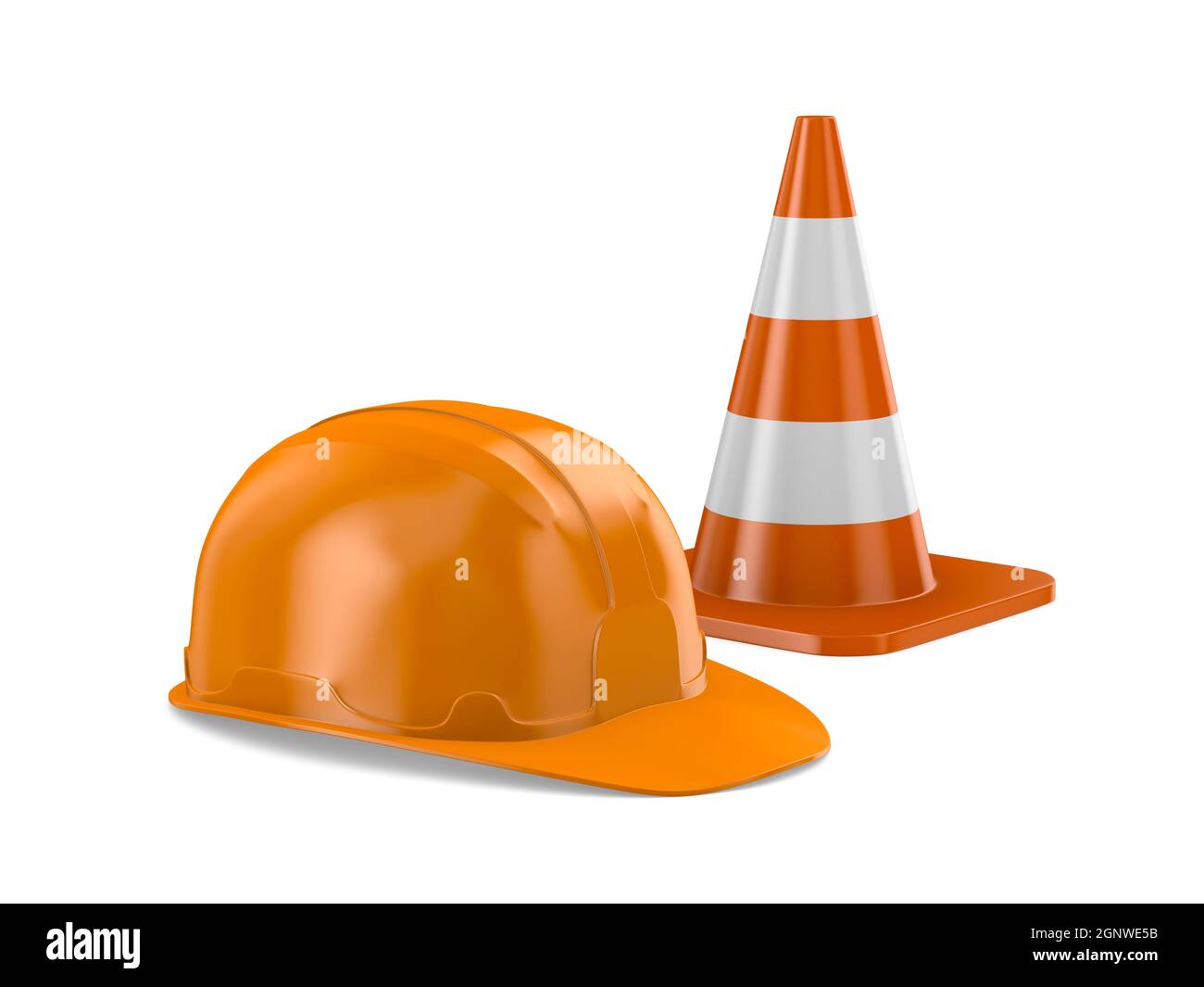orange hard hat and traffic cone on white background. Isolated 3d ...
