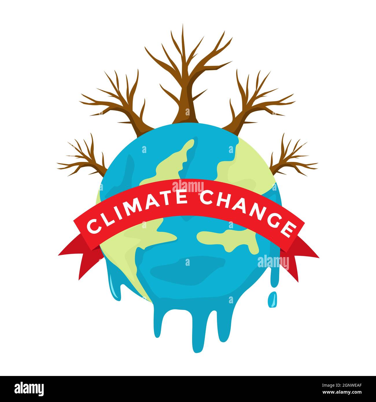 climate change concept illustration, with earth melted and dead tree ...