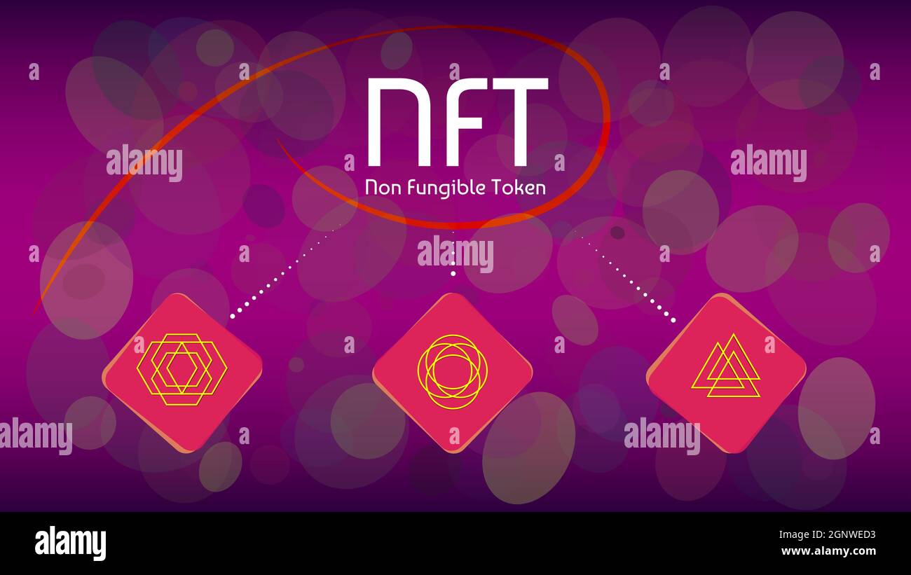 NFT non fungible tokens infographics on purple abstract background. Pay ...