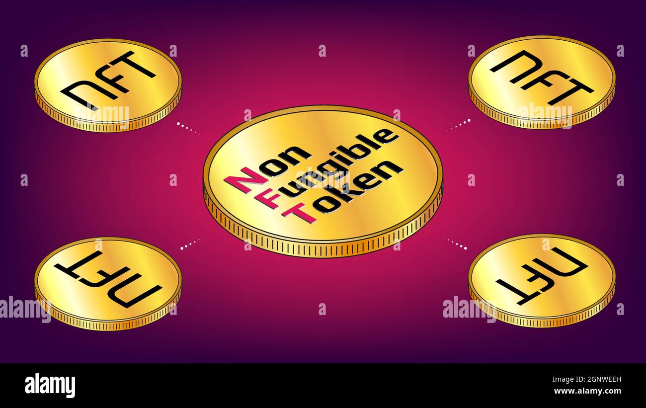 NFT non fungible tokens infographics with isometric gold unique coins ...