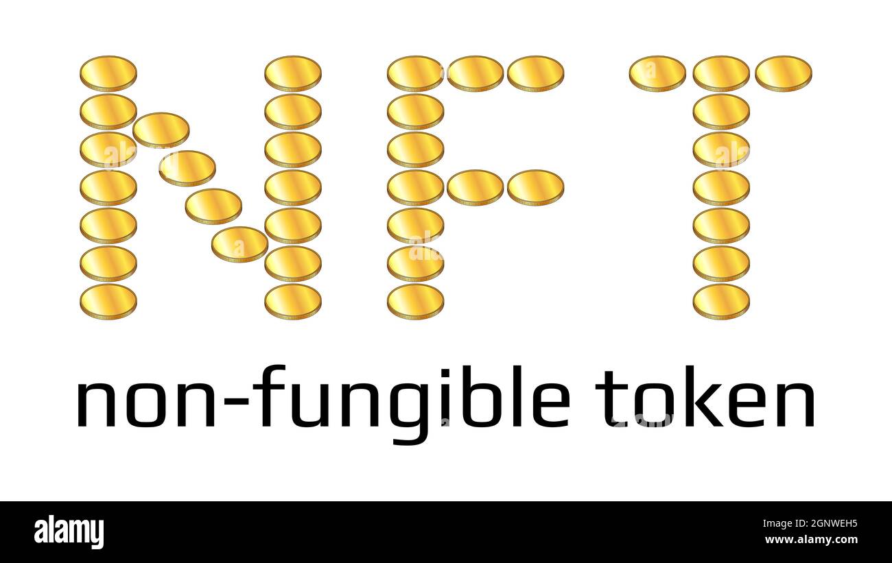NFT word from golden coins non fungible token isolated on white. Pay ...