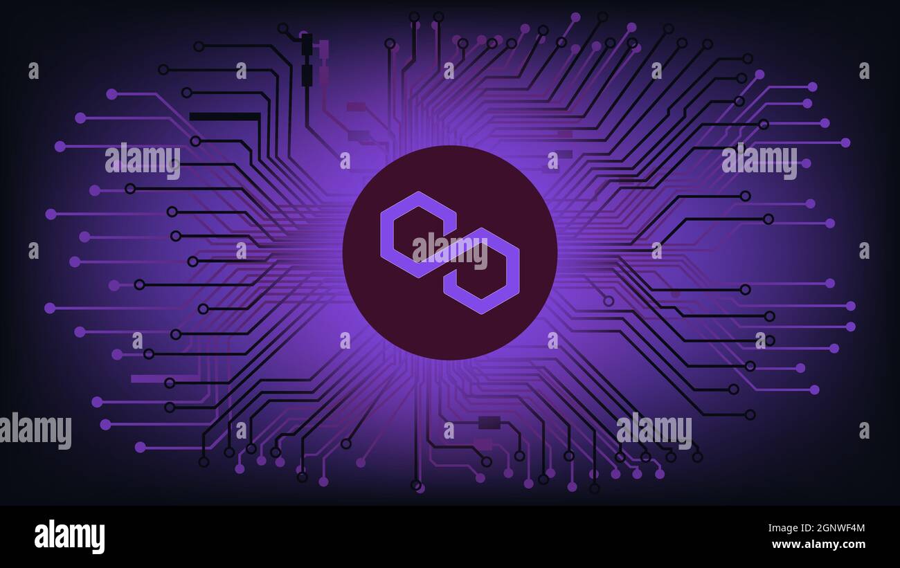 Polygon MATIC cryptocurrency token symbol in circle on abstract digital ...