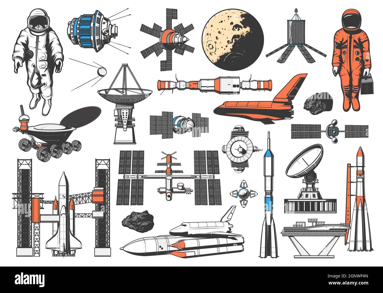 Space icons of rocket, spaceman and planets satellites, vector galaxy ...
