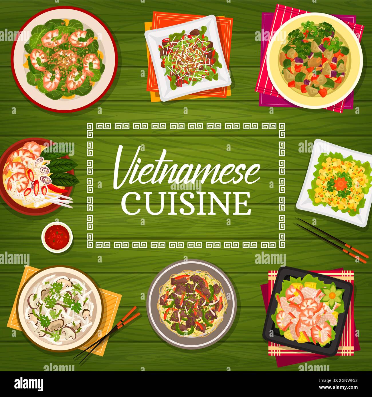 Vietnamese cuisine vector prawn soup pho, shiitake mushroom soup pho or ...
