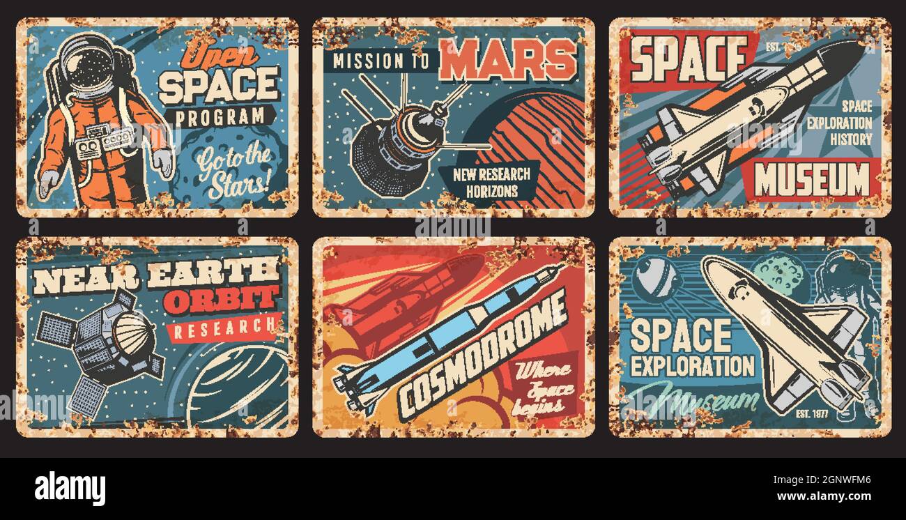 Space rockets and planets plates rusty metal, galaxy exploration ...