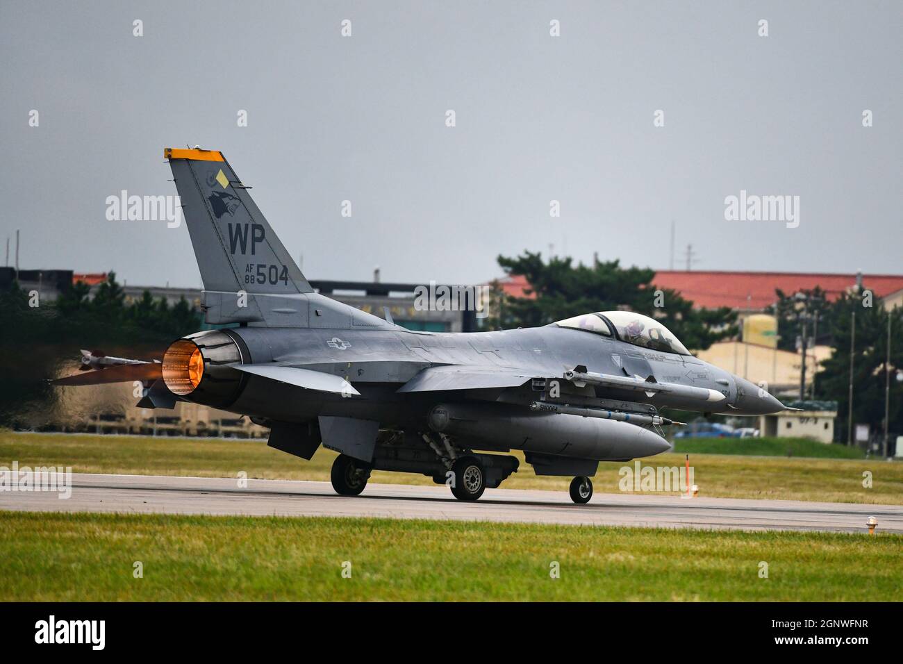 An F-16 Fighting Falcon assigned to the 80th Fighter Squadron, takes ...